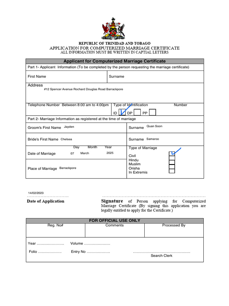 Trinidad and Tobago Marriage Certificate Application | PDF