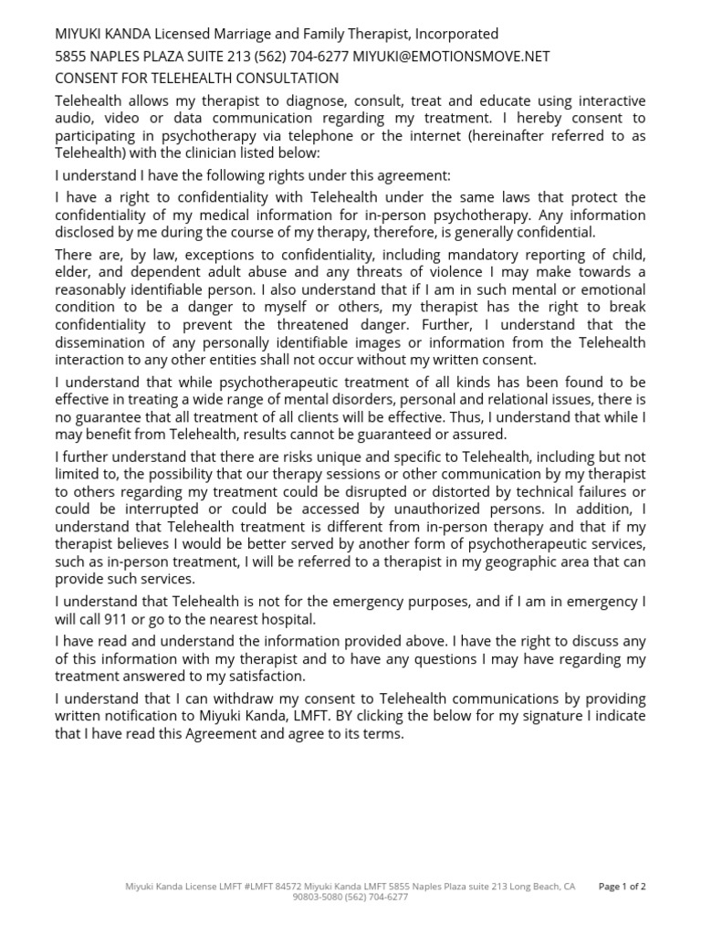 Consent For Telehealth Consultation | PDF | Psychotherapy | Behavioural ...