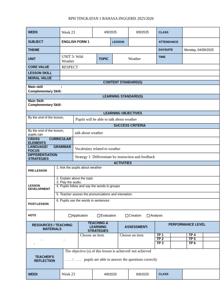 English Form 1 Lesson Plan: Weather | PDF | Reading Comprehension ...