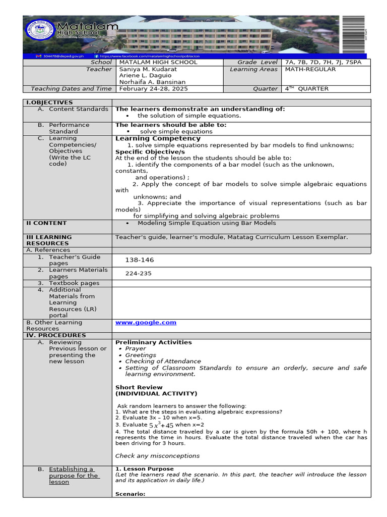 DLP - Q3 - W3 - Solving Simple Equation Using Bar Model | PDF ...