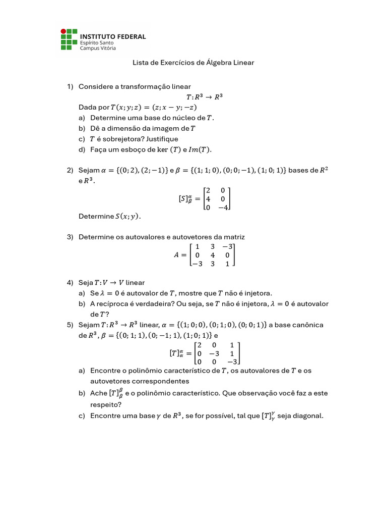 Lista de Exercícios Álgebra linear | PDF