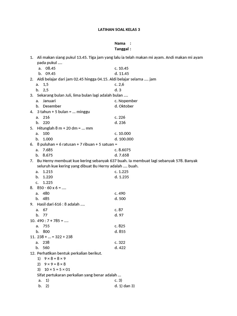 Latihan Soal Math Kelas 3 | PDF