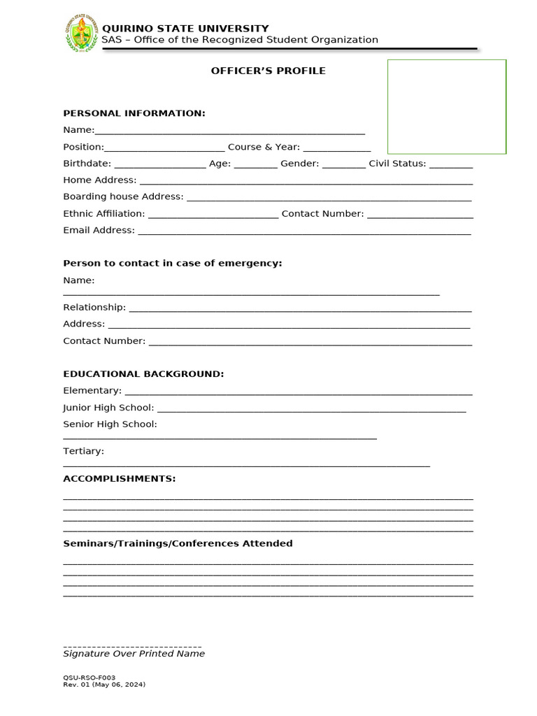 Quirino State University Officer Profile Form | PDF