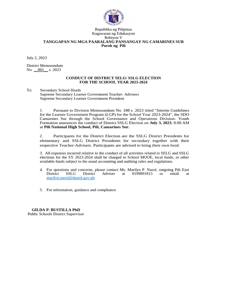 District - School MEMO 001 - SSLG ELECTION | PDF | Government