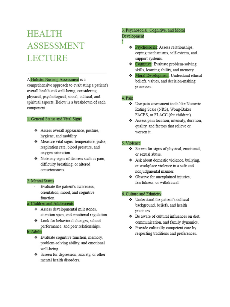 HEALTH ASSESSMENT LECTURE Holistic Nursing Assessment | PDF | Mental ...