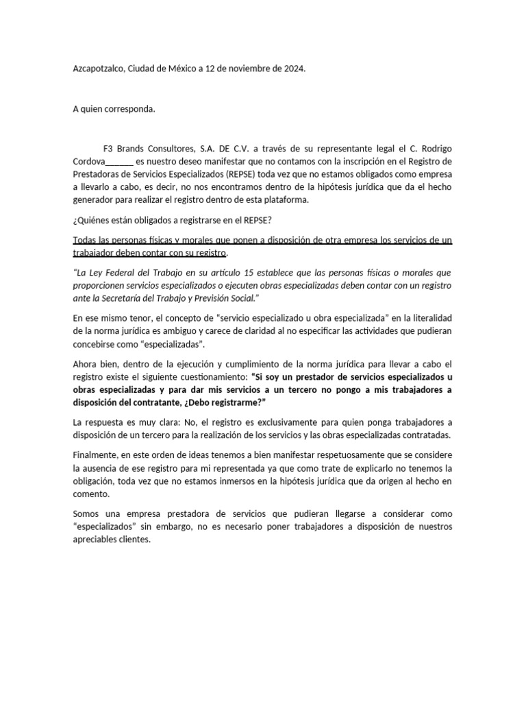 Exención de Registro REPSE para F3 Brands | PDF