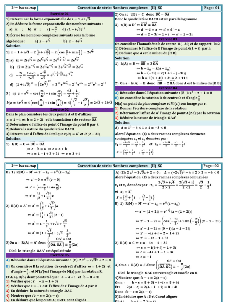 Correction Nombres Complexes 2ème Bac SC | PDF | Physique mathématique ...