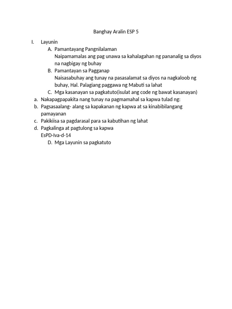 Banghay Aralin ESP 5 | PDF