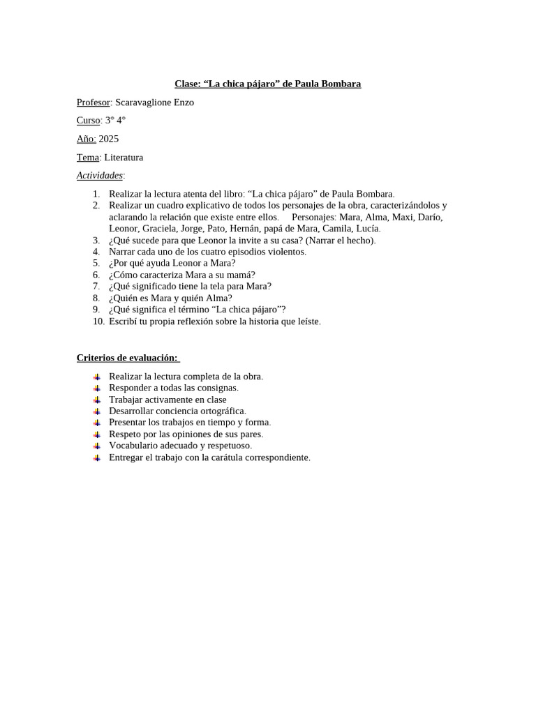 Clase La Chica Pájaro - Actividades | PDF