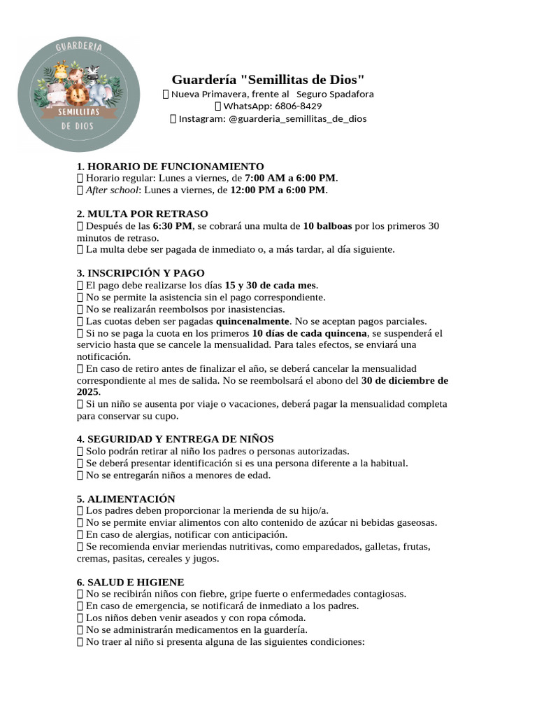 REGLAMENTO INTERNO DE LA GUARDERÍA semillitas de DIOS | PDF | Medicina ...
