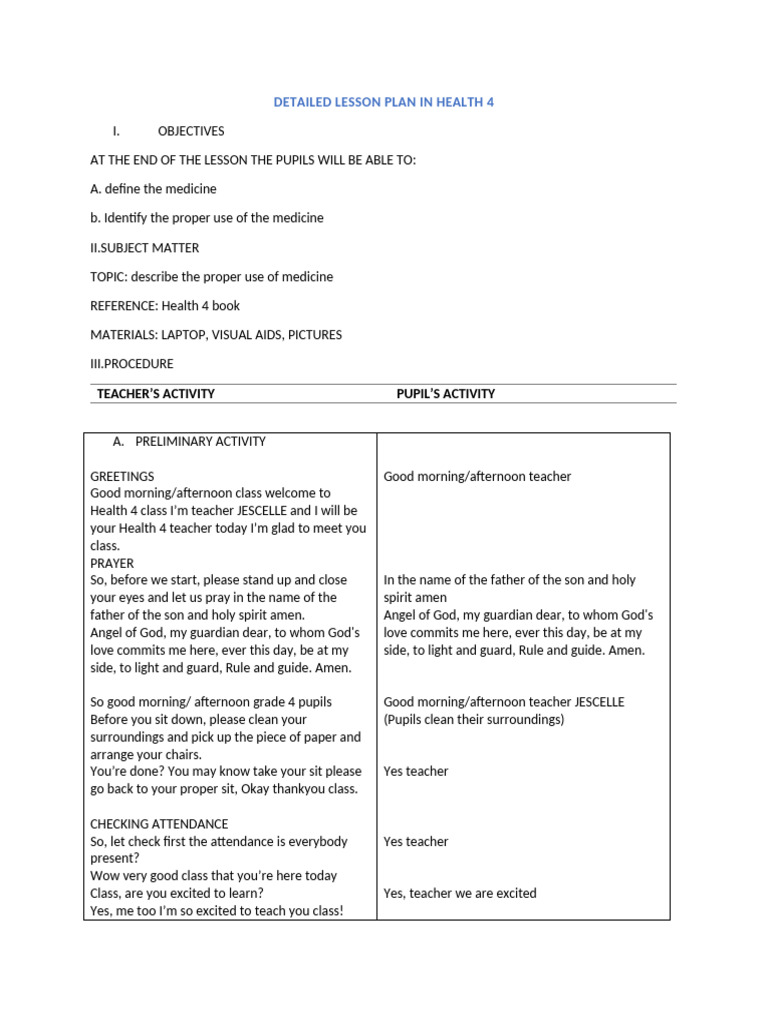 Detailed Lesson Plan in Health 4 | PDF | Medicine | Lesson Plan