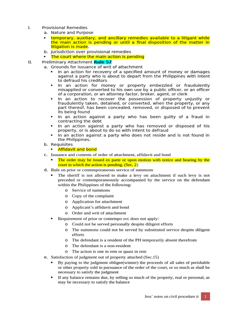 Provisional Remedies in Civil Procedure | PDF | Foreclosure | Contempt ...