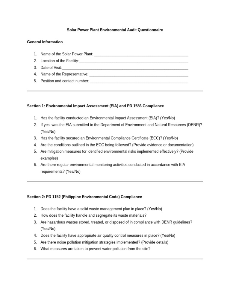 Solar Power Plant Environmental Audit Questionnaire | PDF ...