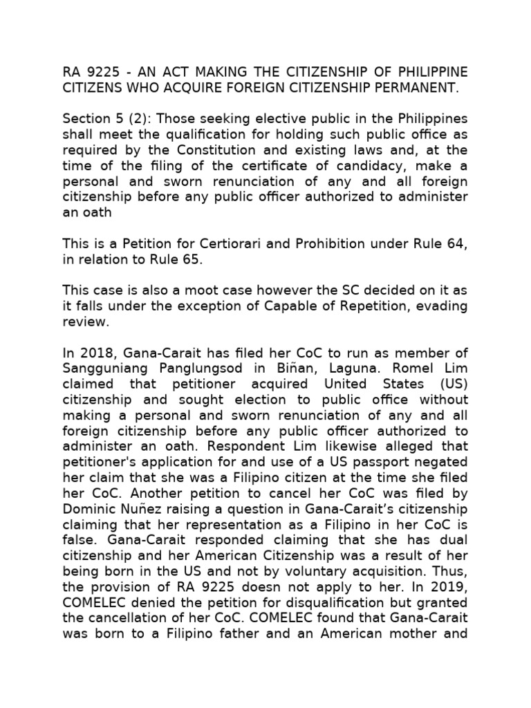 RA 9225 and Gana-Carait Citizenship Case | PDF | Naturalization ...