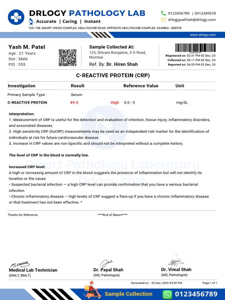 CRP Test Report Format Example Sample Template Drlogy Lab Report | PDF ...