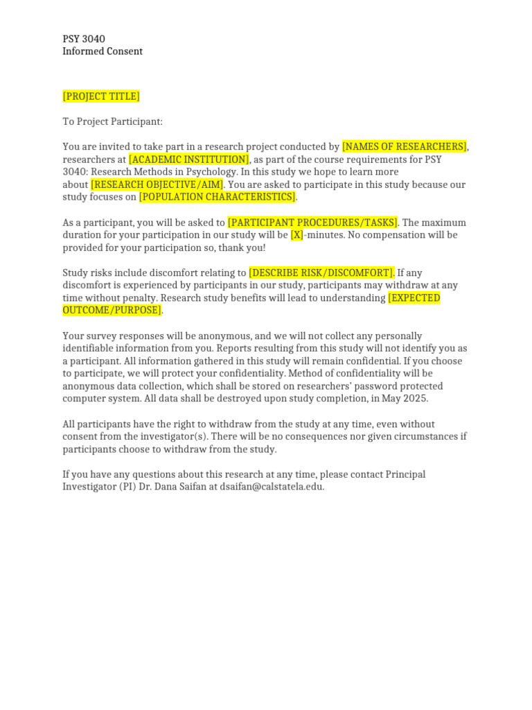 Informed Consent TEMPLATE For Class Experiments-2 | PDF
