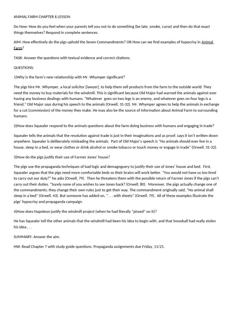Animal Farm Chapter 6 Lesson | PDF