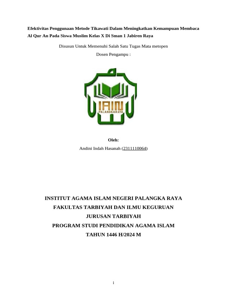 Efektivitas Penggunaan Metode Tikawati Dalam Meningkatkan Kemampuan Membaca Al Qur An Pada Siswa ...
