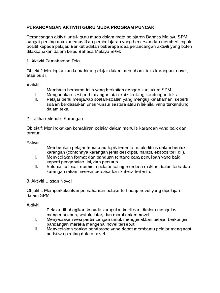 Perancangan Aktiviti Guru Muda Program Puncak | PDF
