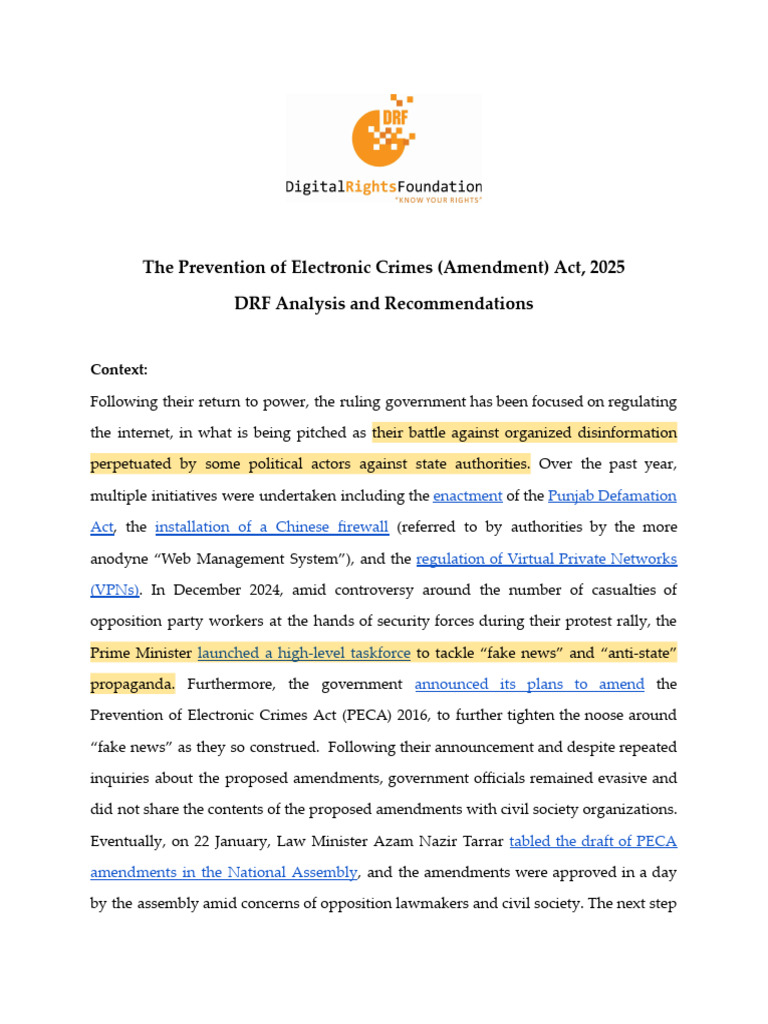 The Prevention of Electronic Crimes Amendment Act 2025 DRF Analysis and ...