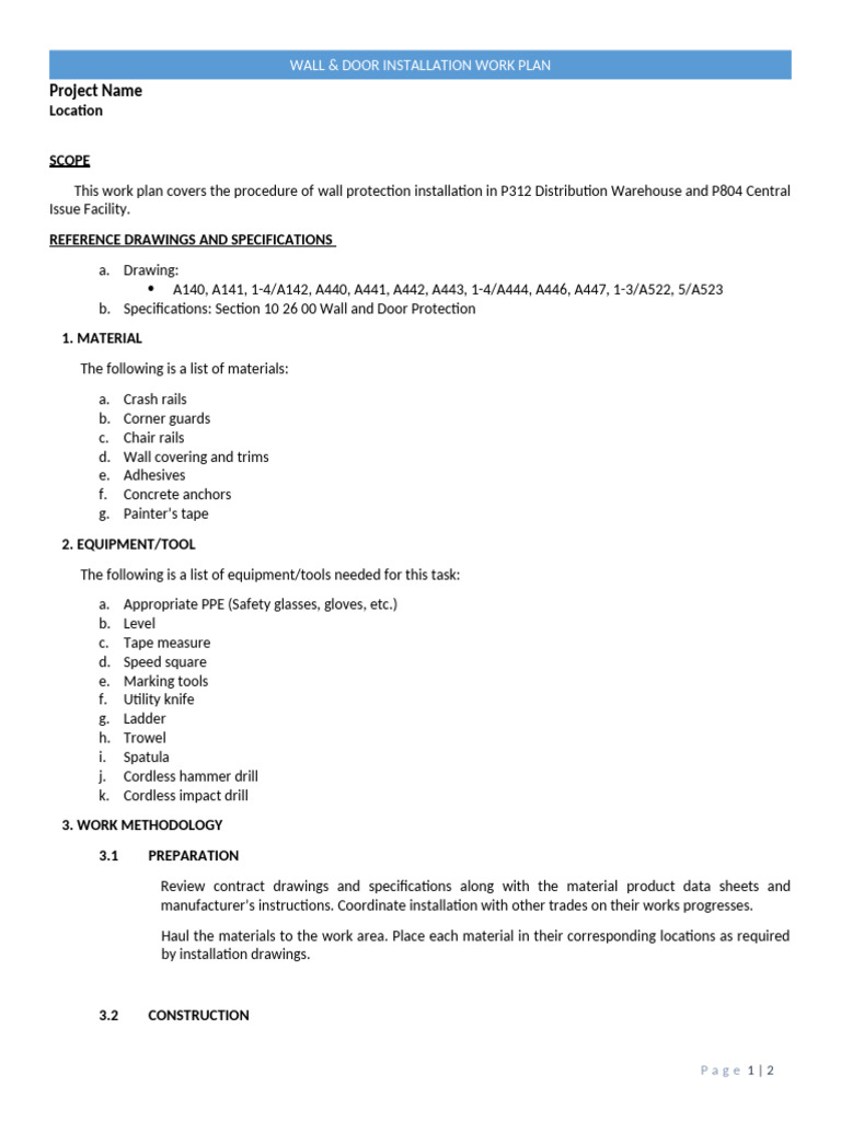 Wall Protection Installation Work Plan | PDF