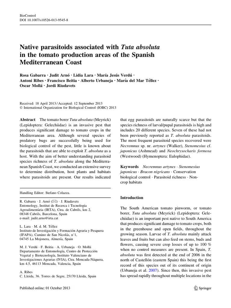 Gabarra Et Al. - 2014 - Native Parasitoids Associated With Tuta ...