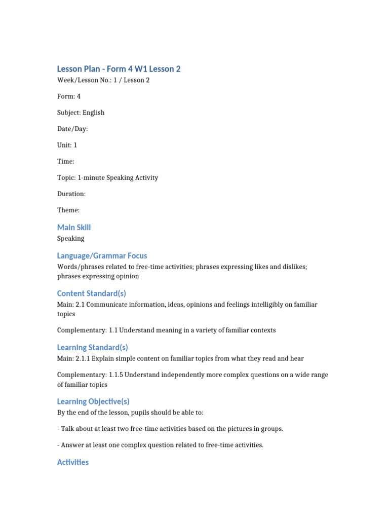 Form 4 English Speaking Activity Plan | PDF