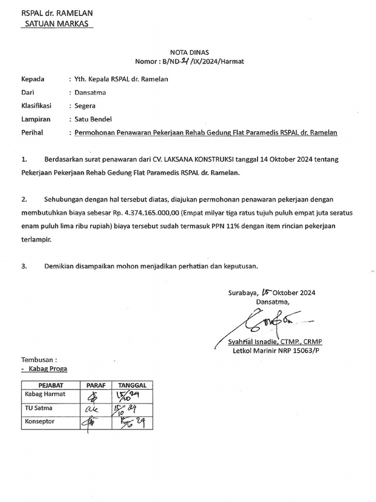 Scan Nota Dinas Pekerjaan Gedung Flat Paramedis CV LK | PDF
