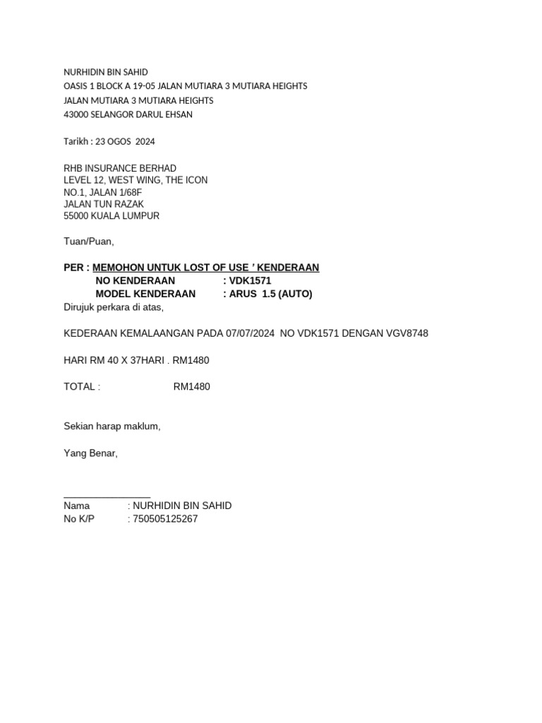 Surat Untuk Mohon Total Loss Kenderaan | PDF