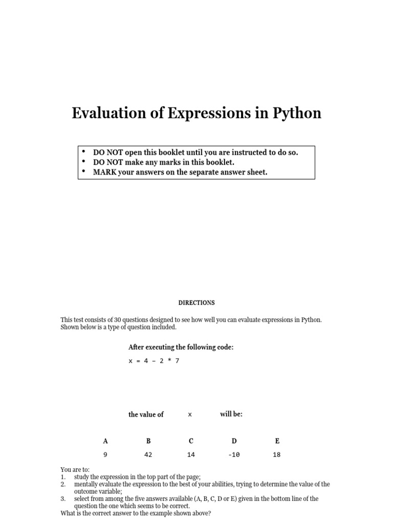 Python Expression Evaluation Test Pdf Computer Programming