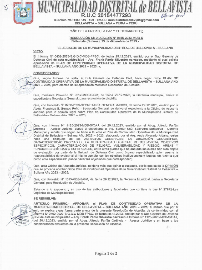 PLAN DE CONTINUIDAD OPERATIVA DE LA MDB-S RA N° 0855-2023-MDB-S | PDF