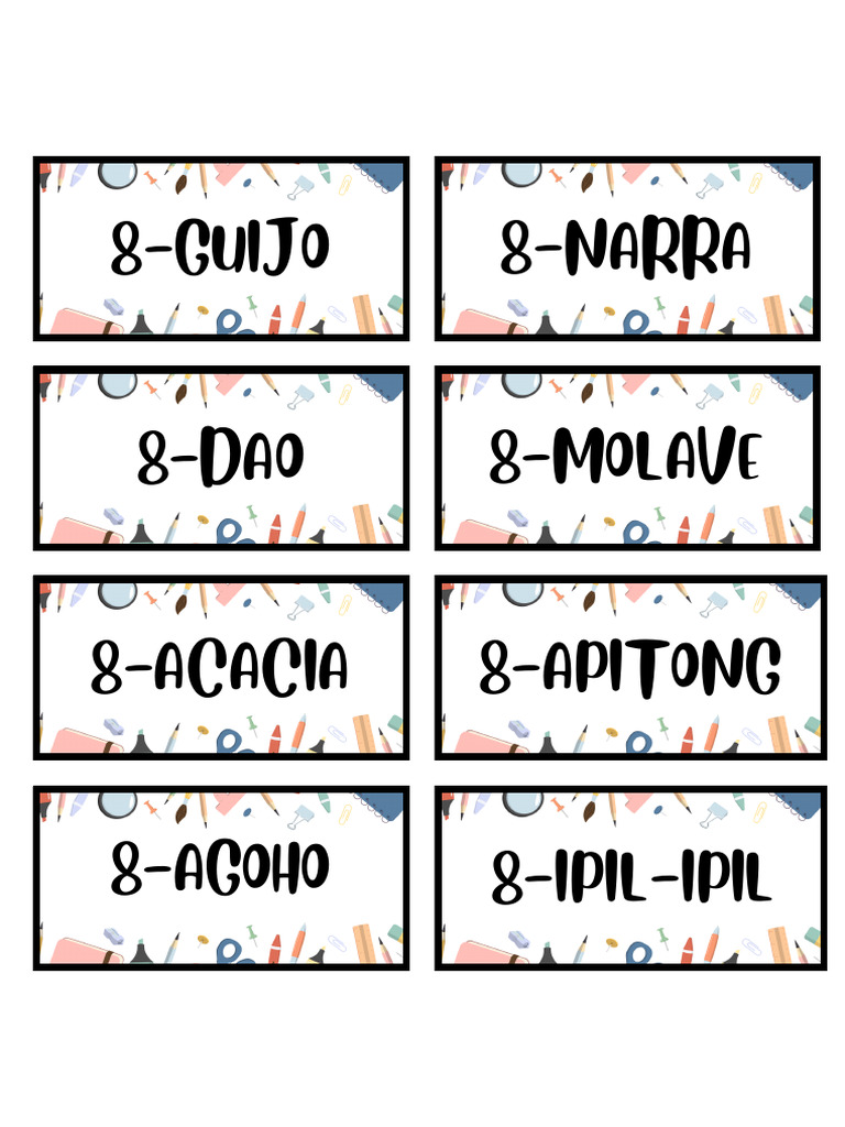 School Supplies Small Groups Classroom Labels in Colorful Illustrative ...