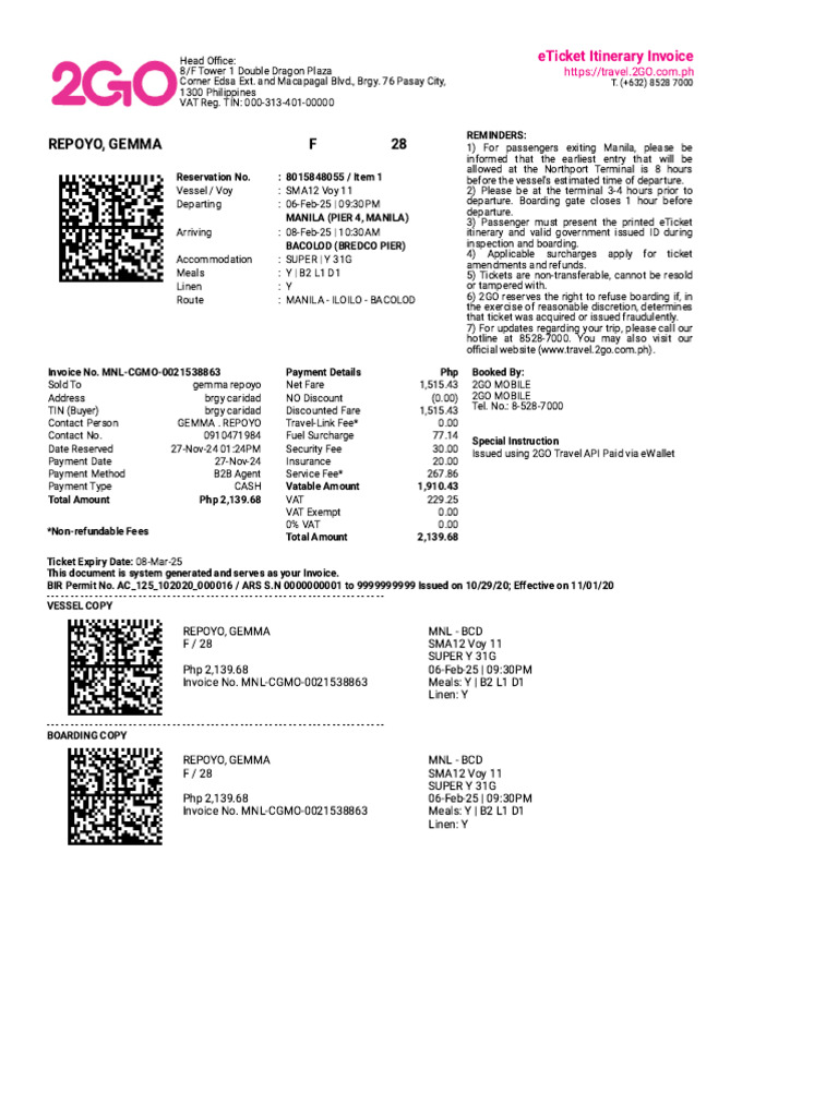 2GO Travel - Itinerary Receipt | PDF | Legal Liability | Fee