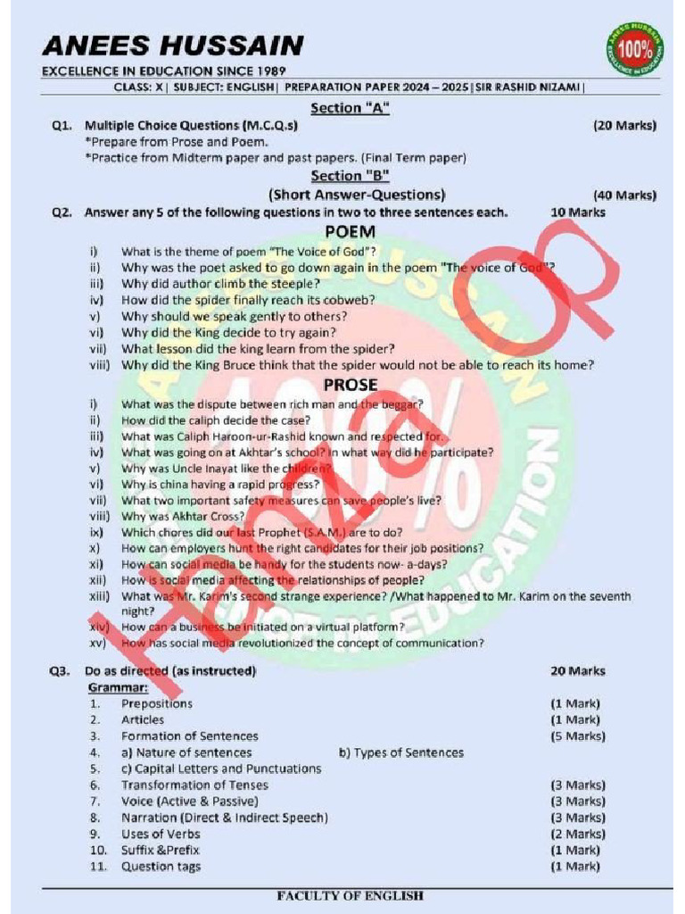 Anees Hussain Class X | PDF