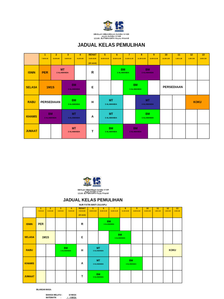 Jadual Kelas 2023-2024 | PDF
