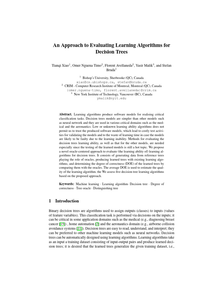 An Approach to Evaluating Learning Algorithms for Decision Trees | PDF | Machine Learning ...