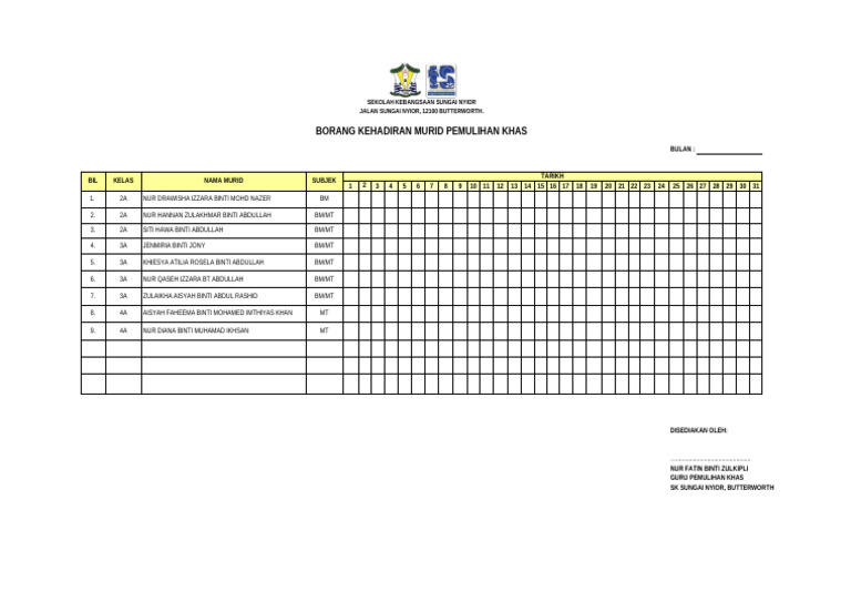 Borang Kehadiran Murid Pemulihan | PDF