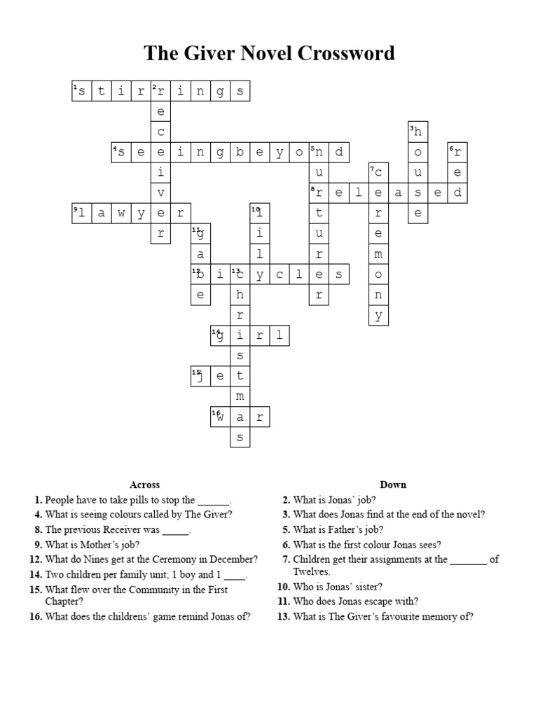 The Giver Novel Crossword 3 | PDF | The Giver | Children's Novels