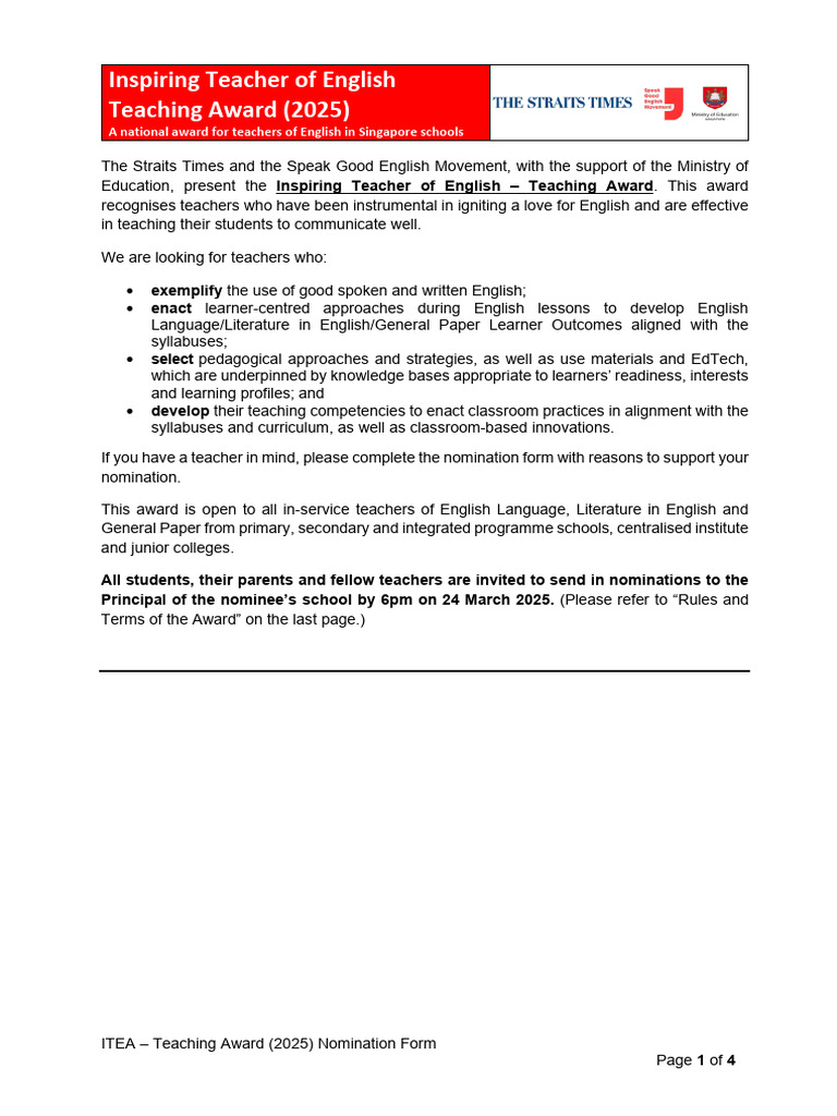 Teaching Award Nom Form - ITEA 2025 | PDF | Teachers | English Language