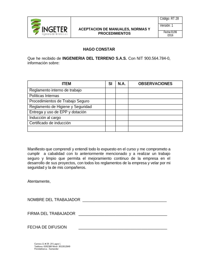 RT-28-2Formato Aceptacion Manuales, normas y procedimientos | PDF
