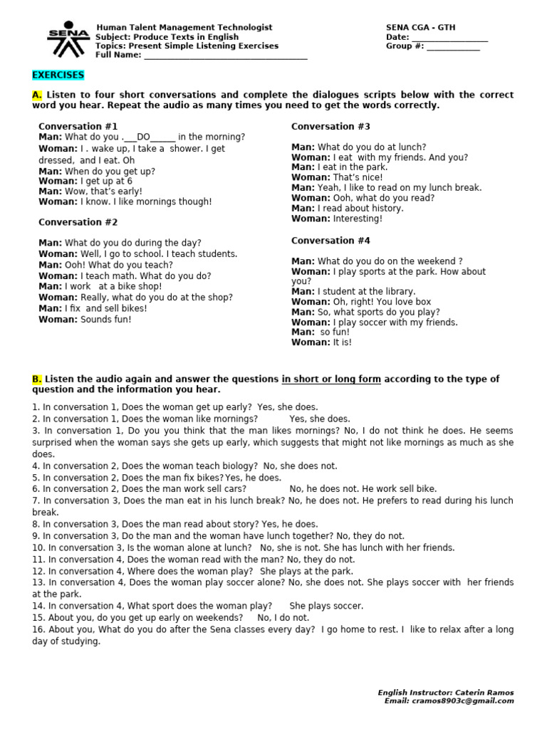 Present Simple Listening Exercises | PDF