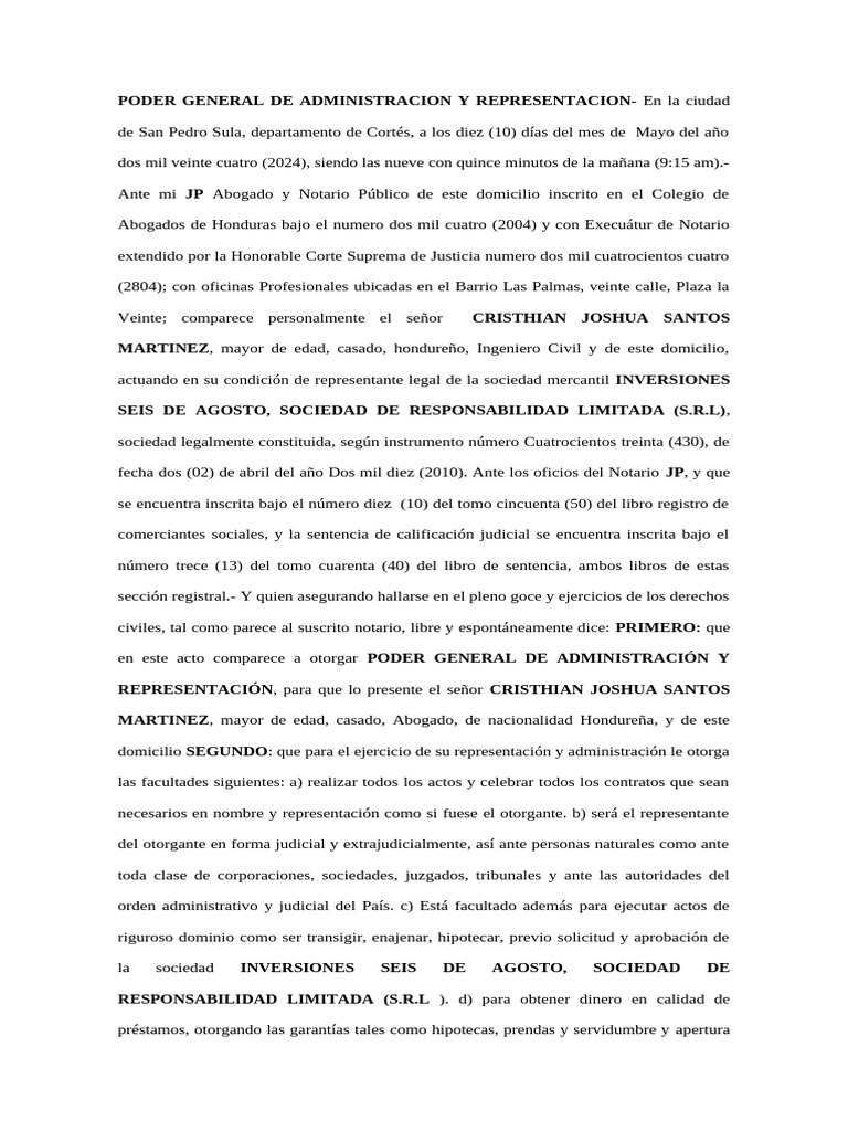 Poder General de Administracion y Representacion | PDF | Honduras