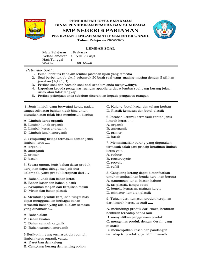 Soal Pts Prakarya Kelas 8 Smtr 1 (2) | PDF