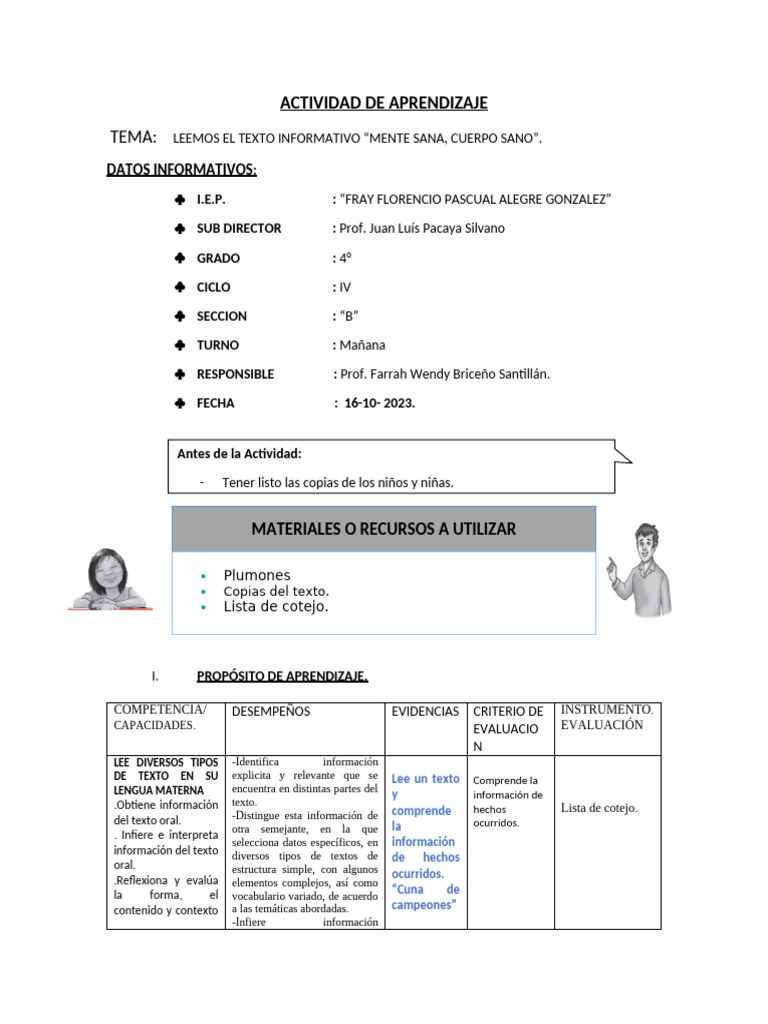 Actividad de Aprendizaj2 Cuna de Campeones. Comprension Lectora | PDF ...