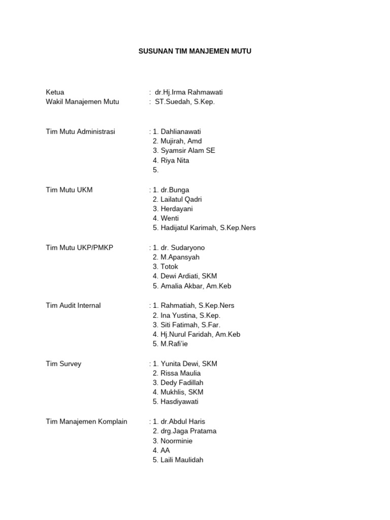 Susunan Tim Manjemen Mutu | PDF
