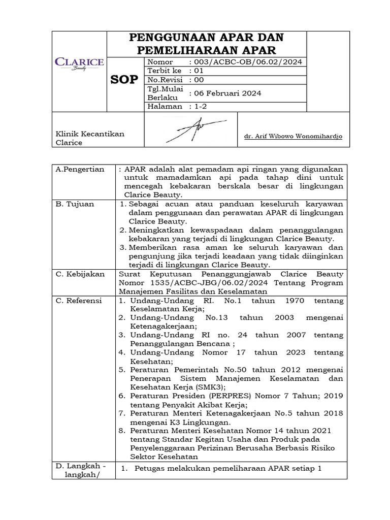 SOP Pemeliharaan APAR | PDF