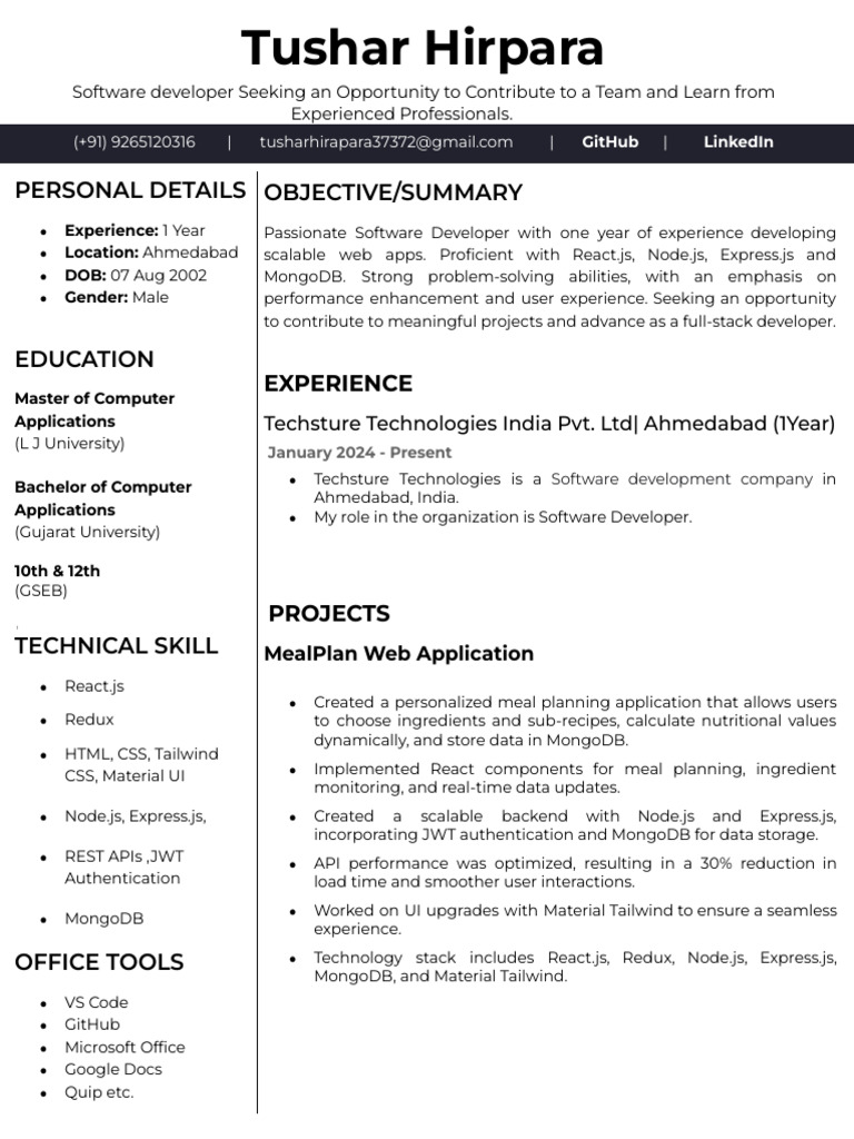 Resume Tushar 2 250206 160231 | PDF | Software Engineering | Computing