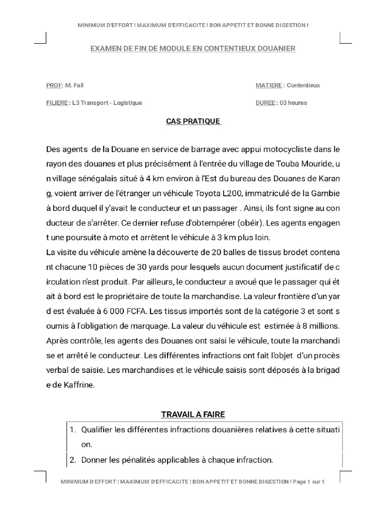 EXAMEN DE FIN DE MODULE EN CONTENTIEUX DOUANIER L3 TL UCAO FEVRIER 2024 - Phoenix | PDF