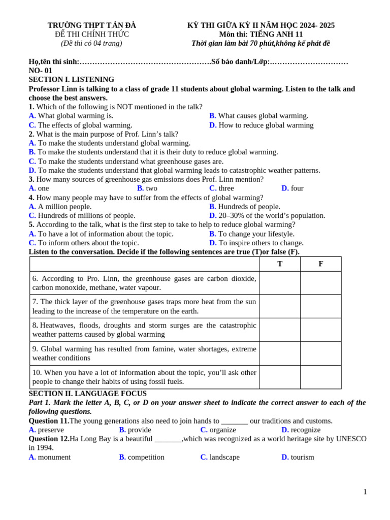 Mid Term Test II Grade 11 -No 1 | PDF | Vocational Education ...
