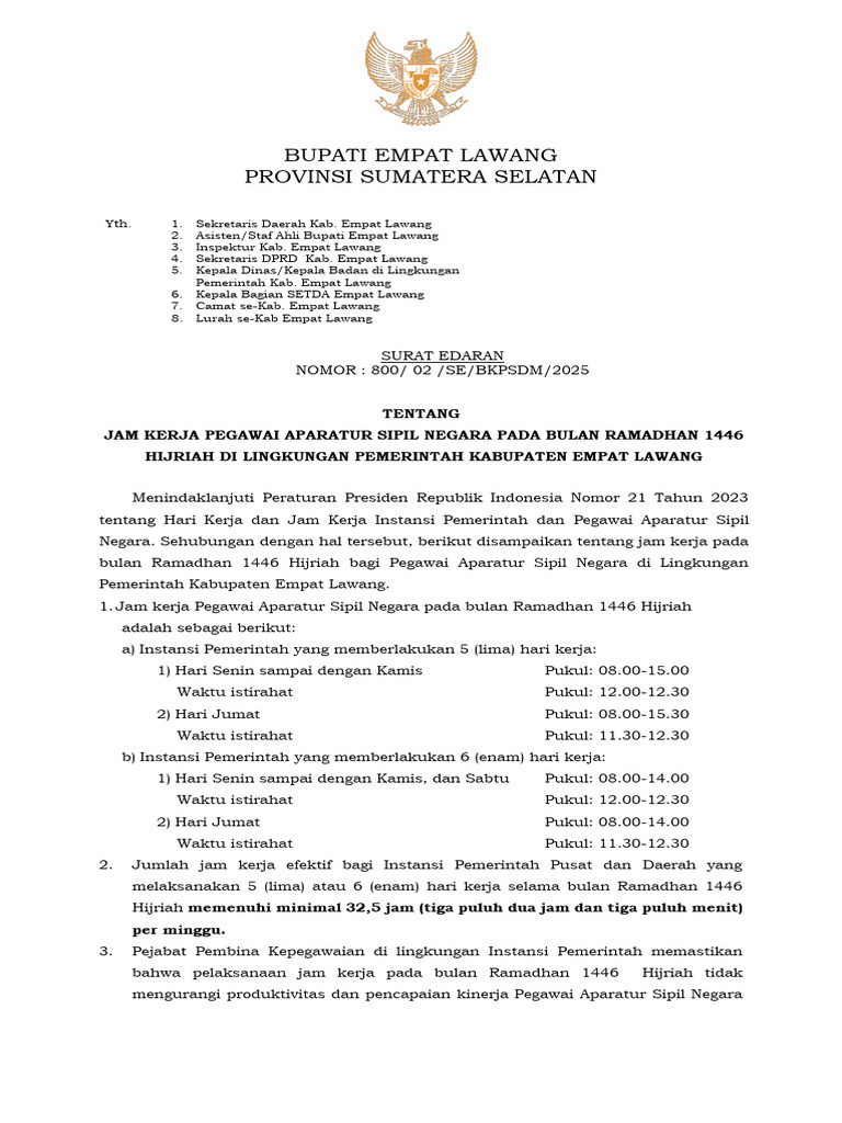 Se Jam Kerja Ramadhan 2025 | PDF